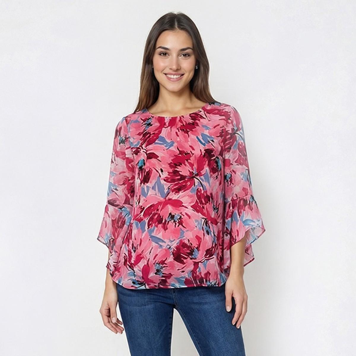Plus Size Kasper 3/4 Ruffle Flounce Sleeve Floral Blouse